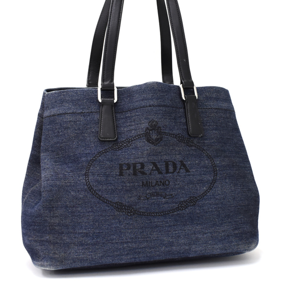 Prada | Bags | Prada Tote Bag Shoulder Bag Denim Leather Navy Black ...